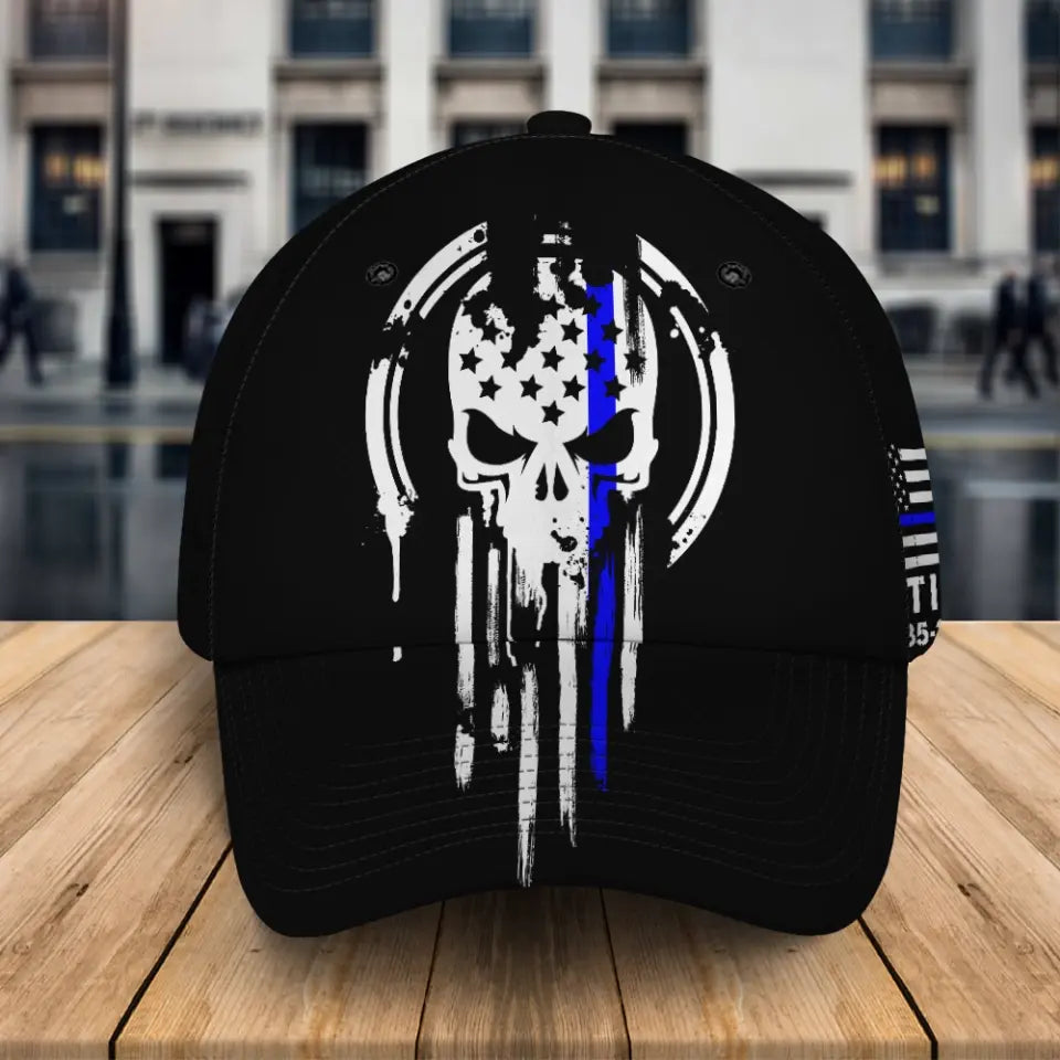 Personalized US Skull Blueline Retired Police Black Cap Printed QTKH24 ...
