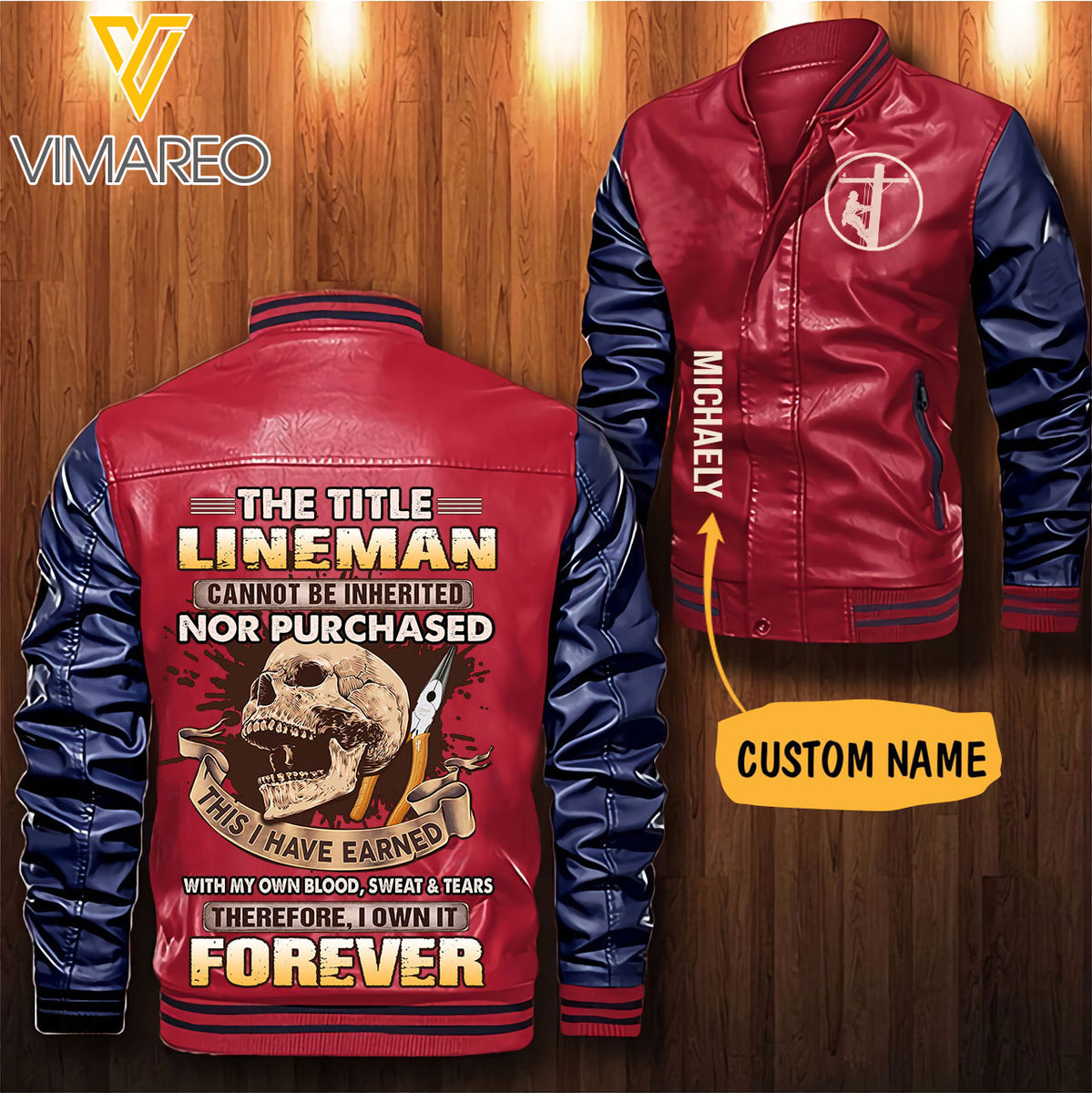 Personalized Lineman Leather Bomber Jacket SEP-HQ28 – Vimareo